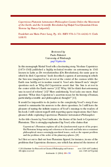 (PDF) Copernicus: Platonist Astronomer-Philosopher. Cosmic Order, the ...