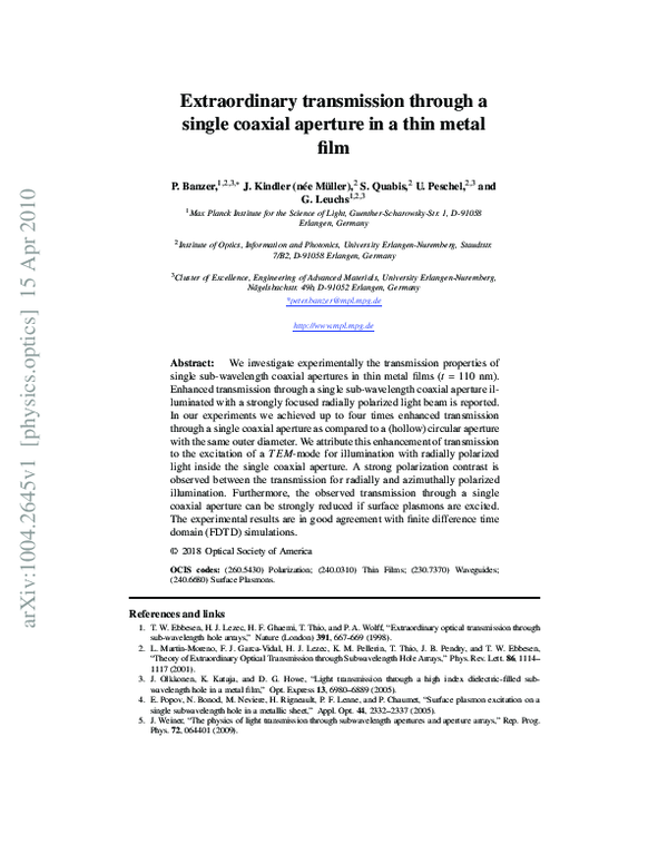 (PDF) Extraordinary transmission through a single coaxial aperture in a ...