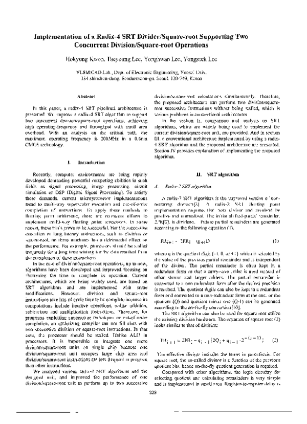 (PDF) Implementation Of A Radix-4 SRT Divider/square-root Supporting ...