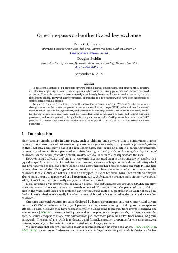 (PDF) An Authenticated Key Exchange Mechanism Using One-Time Shared Key