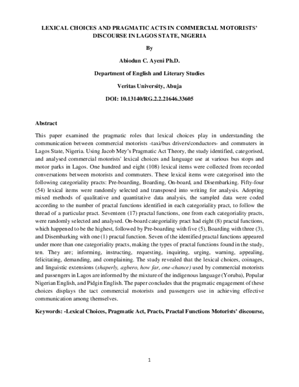(PDF) LEXICAL CHOICES AND PRAGMATIC ACTS IN COMMERCIAL MOTORISTS DISCOURSE IN LAGOS STATE NIGERIA 1
