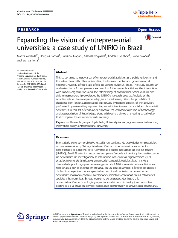 (PDF) Expanding the vision of entrepreneurial universities: a case study of UNIRIO in Brazil