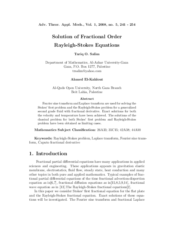 (PDF) Solution of Fractional Order Rayleigh-Stokes Equations