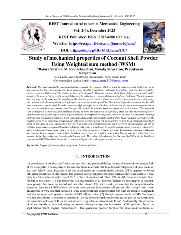 (PDF) Study of mechanical properties of Coconut Shell Powder Using Weighted sum method WSM