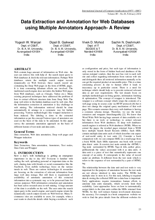(PDF) Data Extraction and Annotation for Web Databases using Multiple Annotators Approach - A Review