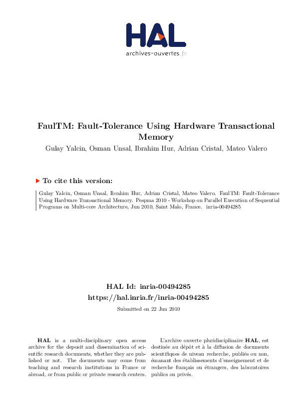 (PDF) FaulTM: Fault-tolerance using hardware transactional memory | Gulay Yalcin - Academia.edu