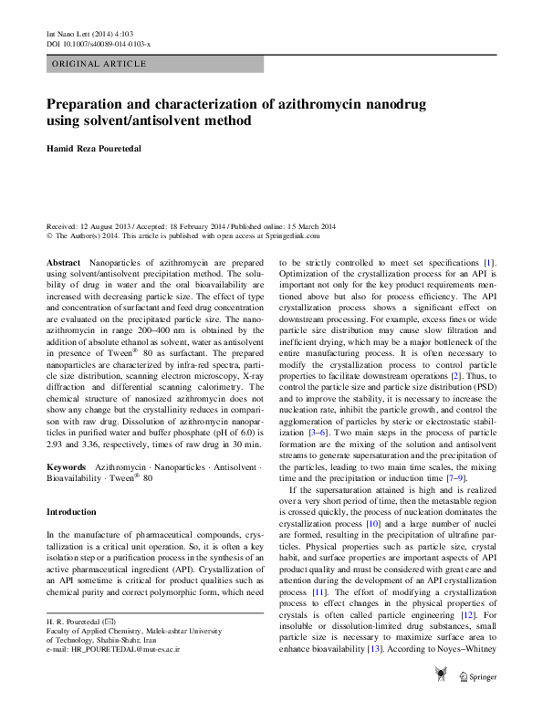 (PDF) Preparation and characterization of azithromycin nanodrug using ...