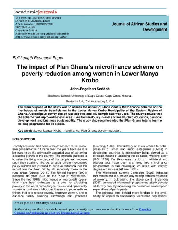 (PDF) The impact of Plan Ghanas microfinance scheme on poverty reduction among women in Lower ...