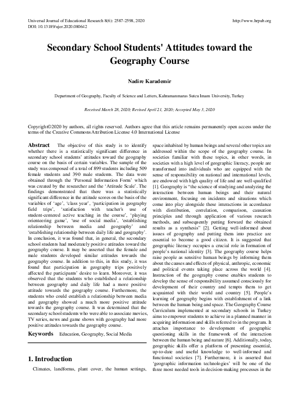 (PDF) Secondary School Students' Attitudes toward the Geography Course