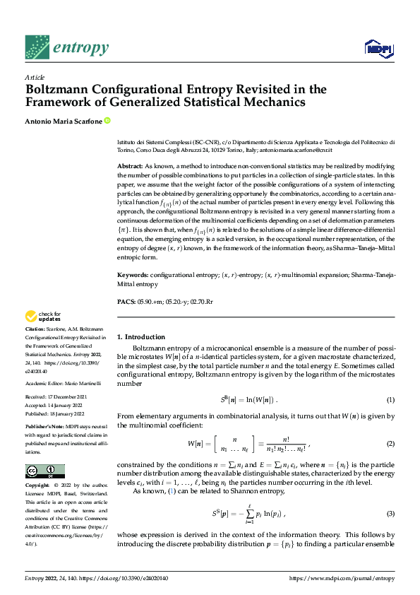 (PDF) Boltzmann Configurational Entropy Revisited in the Framework of ...