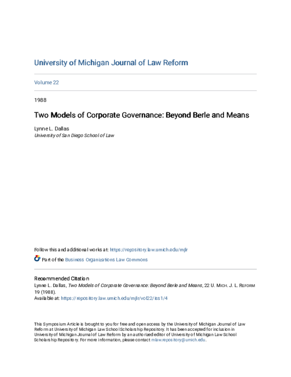 (PDF) Two Models of Corporate Governance: Beyond Berle and Means