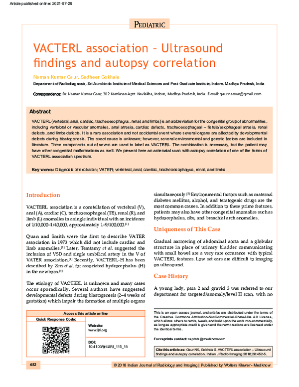 (PDF) VACTERL association – Ultrasound findings and autopsy correlation