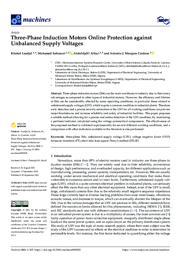 (PDF) Three-Phase Induction Motors Online Protection against Unbalanced ...