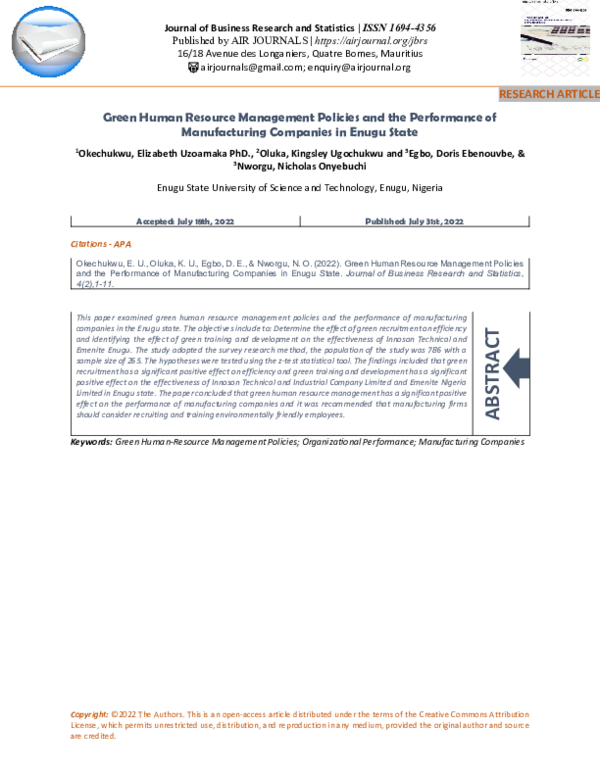 (PDF) Green Humana Resource Management Policies and the Performance of ...