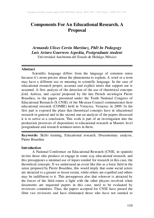 (PDF) Components For An Educational Research. A Proposal