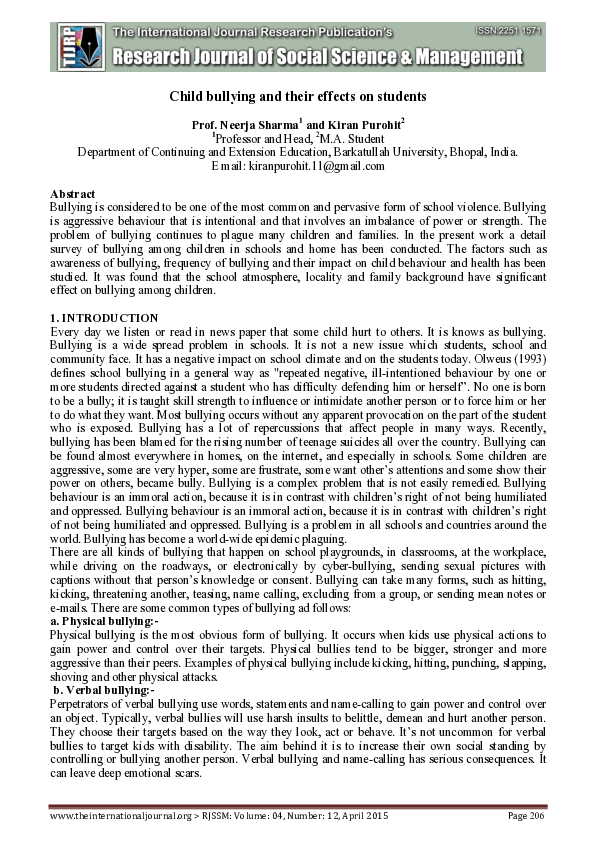(PDF) Child bullying and their effect on student