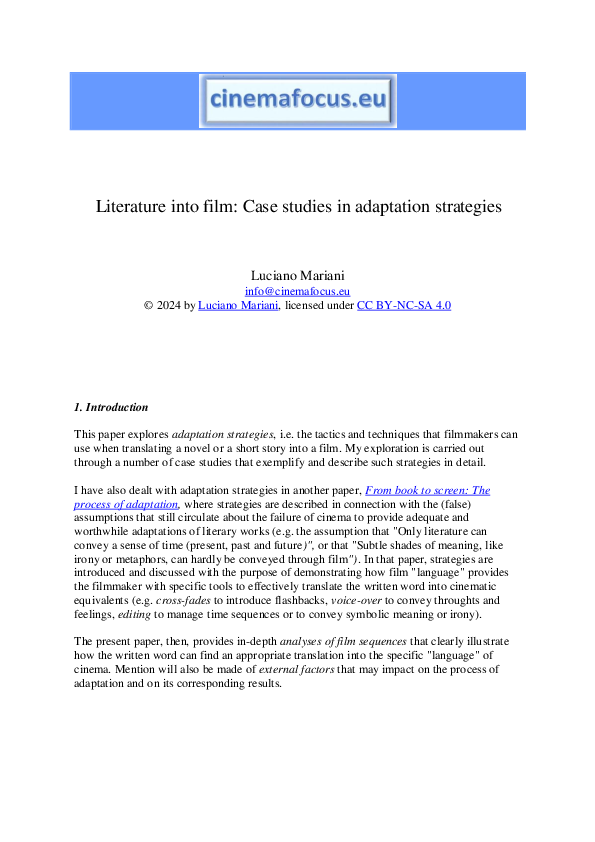 (PDF) Literature into film: Case studies in adaptation strategies