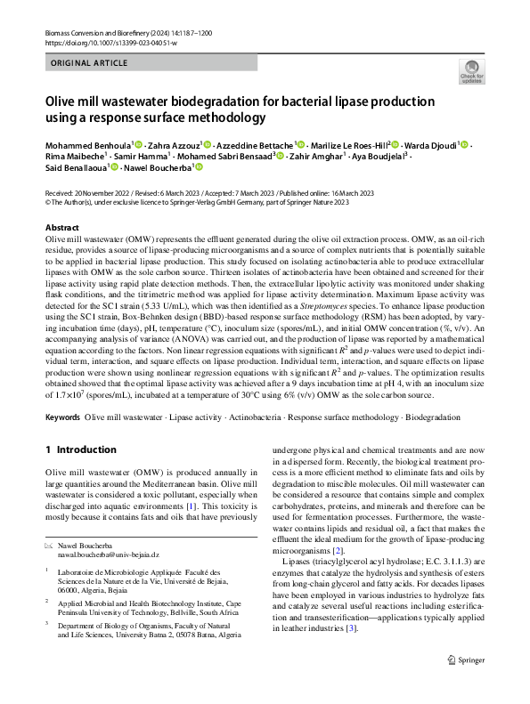 (PDF) ArticleOlive mill wastewater biodegradation for bacterial lipase production using a ...