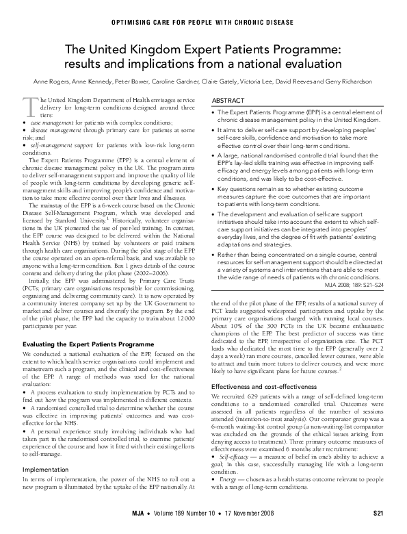(PDF) The United Kingdom Expert Patients Programme: results and ...