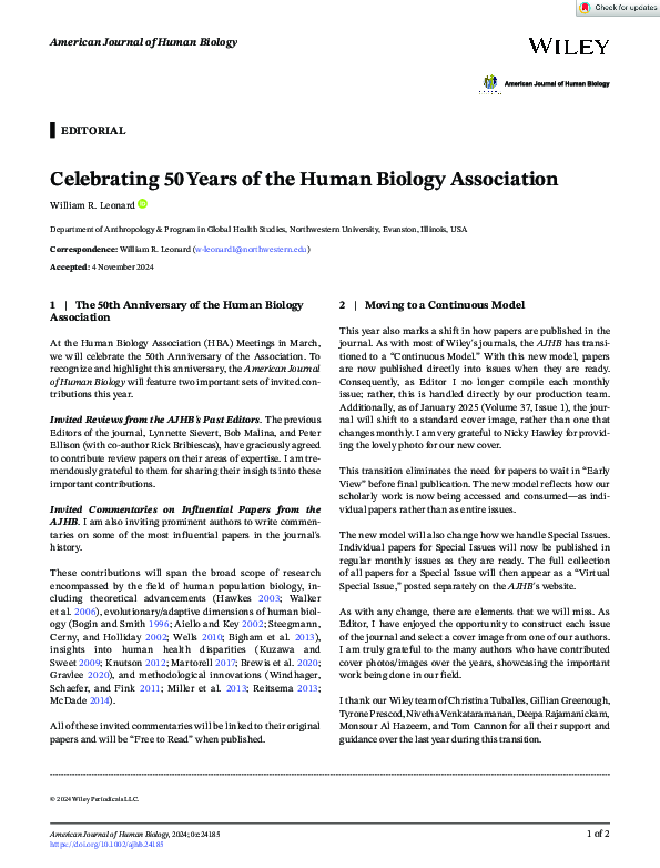 (PDF) Celebrating 50 Years of the Human Biology Association