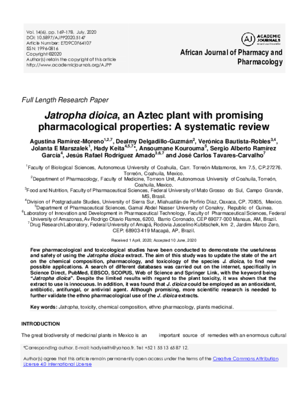 (PDF) Jatropha dioica, an Aztec plant with promising pharmacological properties: A systematic review