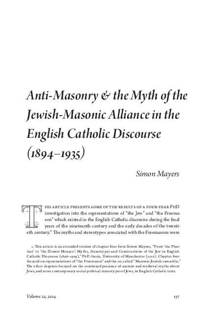 (PDF) Anti Masonry and the Myth of the Jewish Masonic Alliance in ...