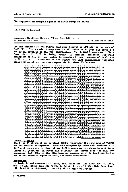 (PDF) DNA sequence of the transposase gene of the class II transposon, Tn3926