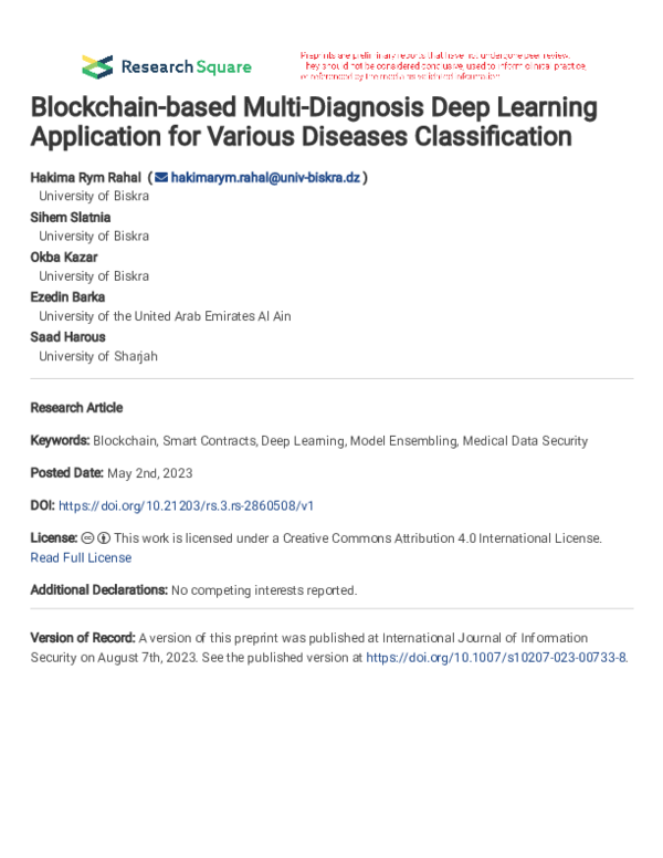 (PDF) Blockchain-based Multi-Diagnosis Deep Learning Application for Various Diseases Classification