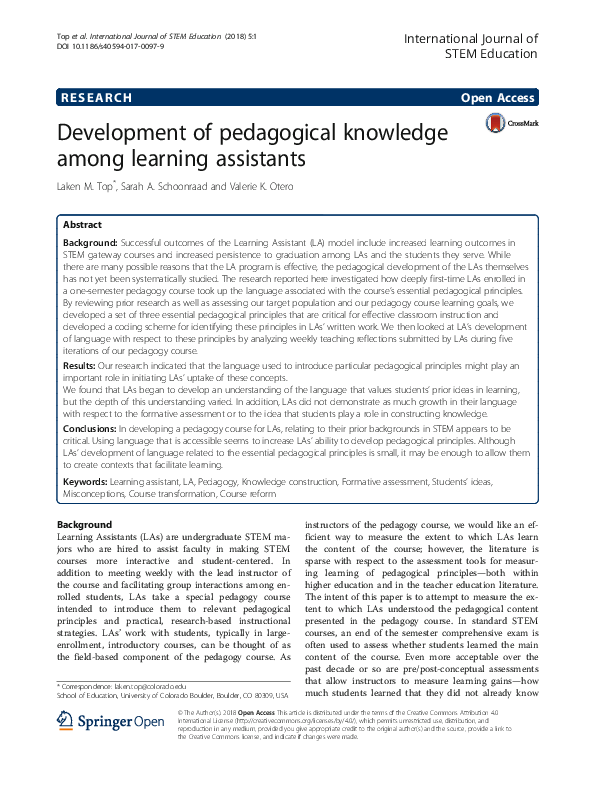 (PDF) Development of pedagogical knowledge among learning assistants