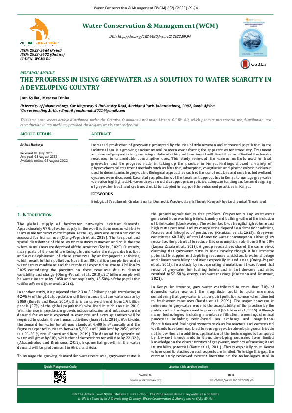 (PDF) The Progress in Using Greywater as a Solution to Water Scarcity ...