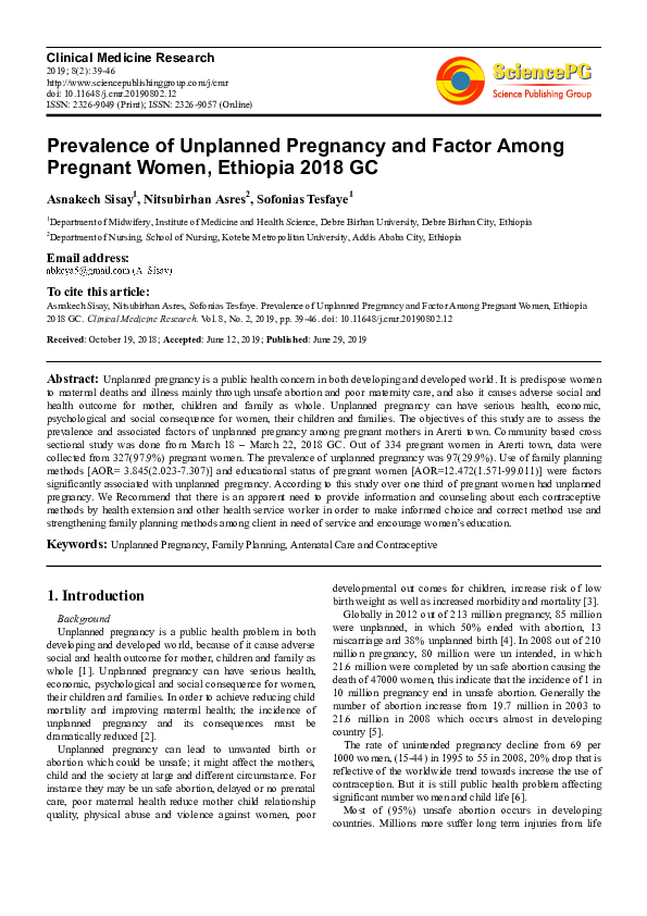 (PDF) Prevalence of Unplanned Pregnancy and Factor Among Pregnant Women ...