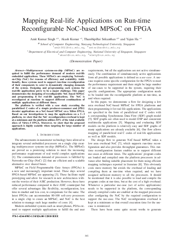 Pdf Mapping Real Life Applications On Run Time Reconfigurable Noc Based Mpsoc On Fpga
