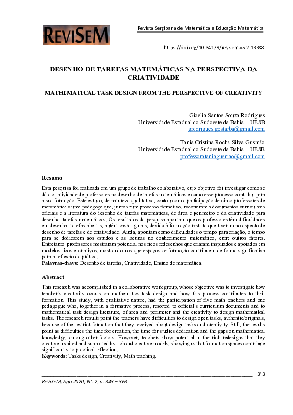 (PDF) Desenho de tarefas matemáticas na perspectiva da criatividade | Tania Gusmão - Academia.edu