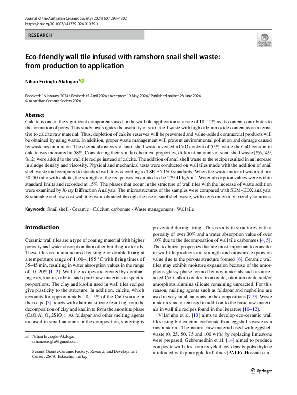(PDF) Eco‑friendly wall tile infused with ramshorn snail shell waste ...