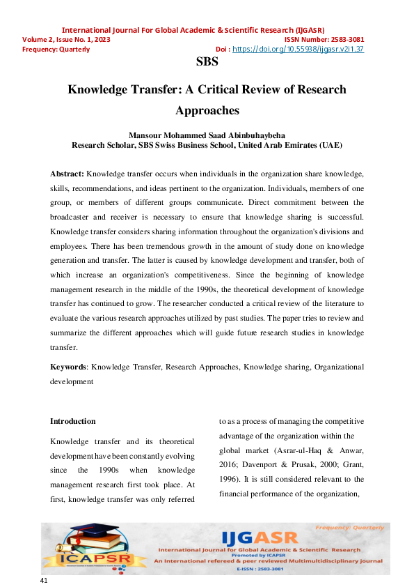 (PDF) Knowledge Transfer: A Critical Review of Research Approaches