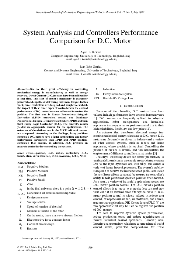 (PDF) System Analysis and Controllers Performance Comparison for D.C. Motor
