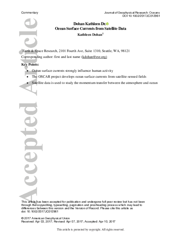 Pdf Ocean Surface Currents From Satellite Data Kathleen Dohan
