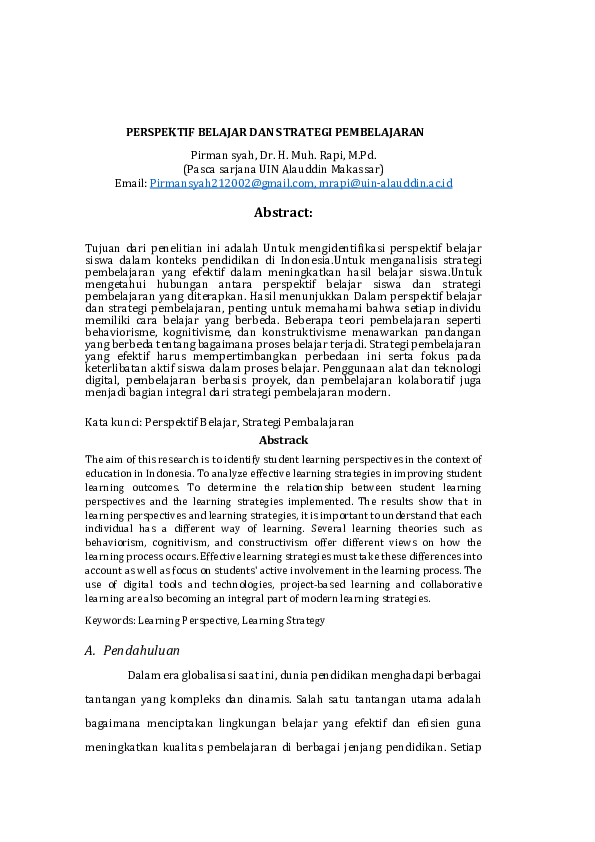 (PDF) PERSPEKTIF BELAJAR DAN STRATEGI PEMBELAJARAN