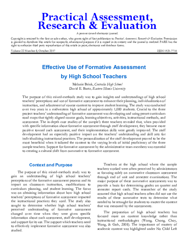 (PDF) Effective Use of Formative Assessment by High School Teachers