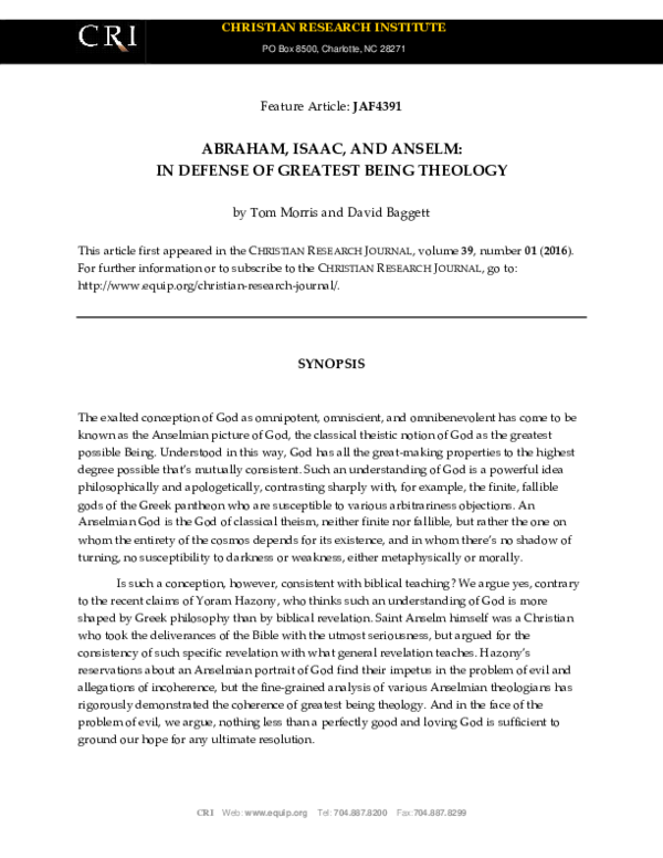 (PDF) Abraham, Isaac, and Anselm: In Defense of Greatest Being Theology