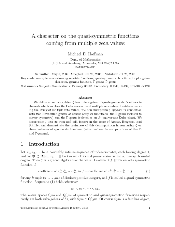 (PDF) A Character on the Quasi-Symmetric Functions coming from Multiple Zeta Values