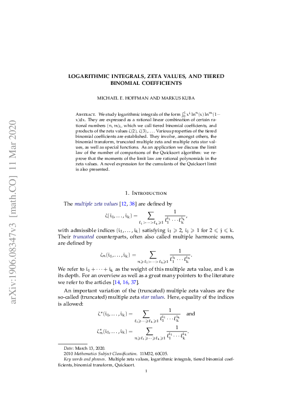 (PDF) Logarithmic integrals, zeta values, and tiered binomial coefficients