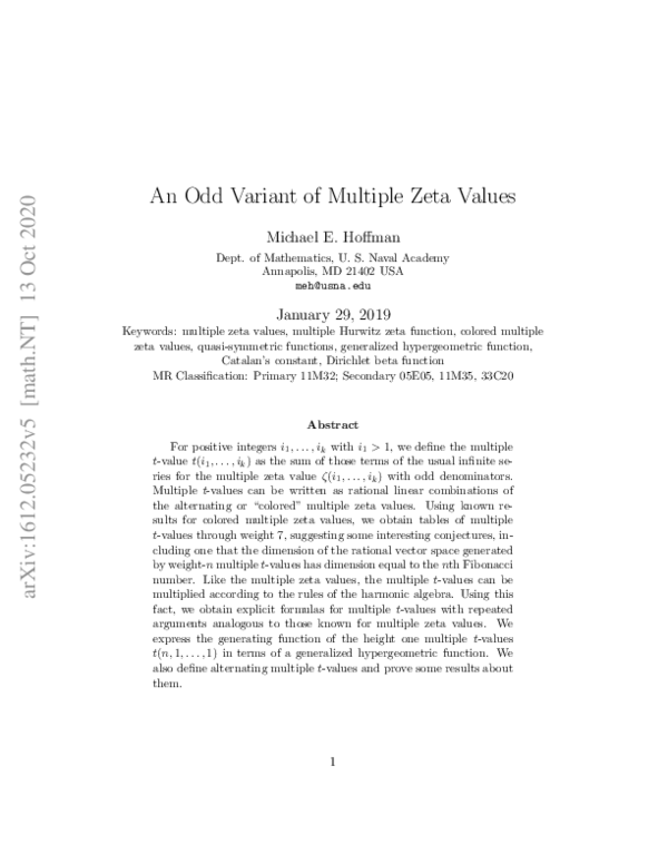 (PDF) An odd variant of multiple zeta values