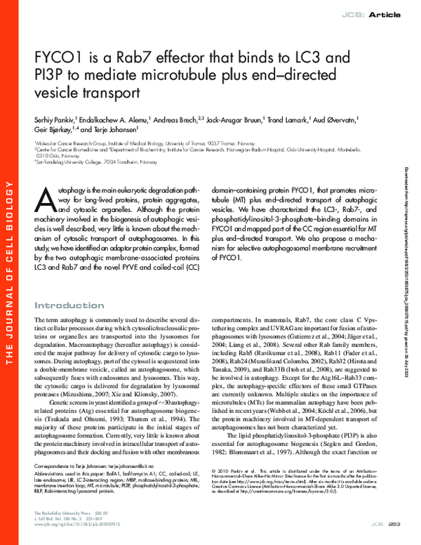 (PDF) FYCO1 is a Rab7 effector that binds to LC3 and PI3P to mediate ...