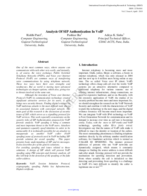(PDF) Analysis Of SIP Authentication In VoIP