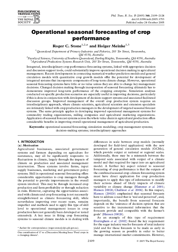 (PDF) Operational seasonal forecasting of crop performance