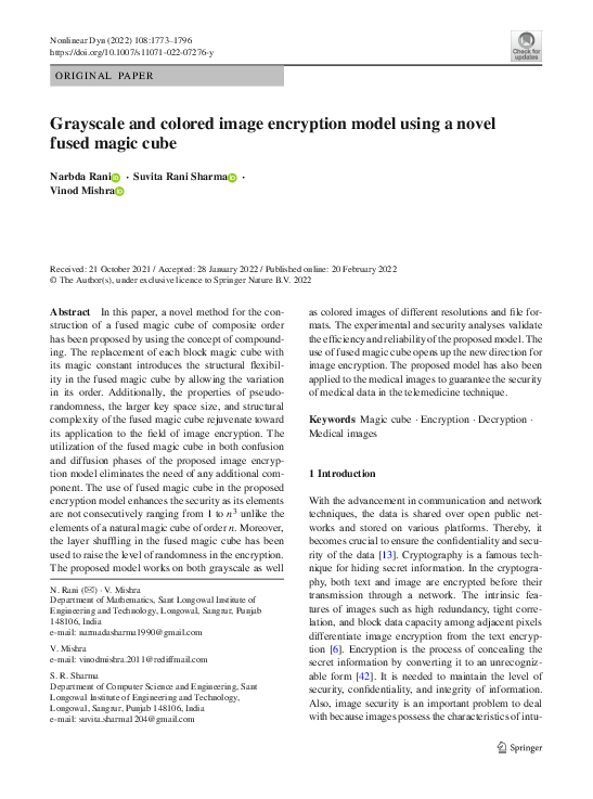 (PDF) Grayscale and colored image encryption model using a novel fused magic cube | Vinod Mishra ...