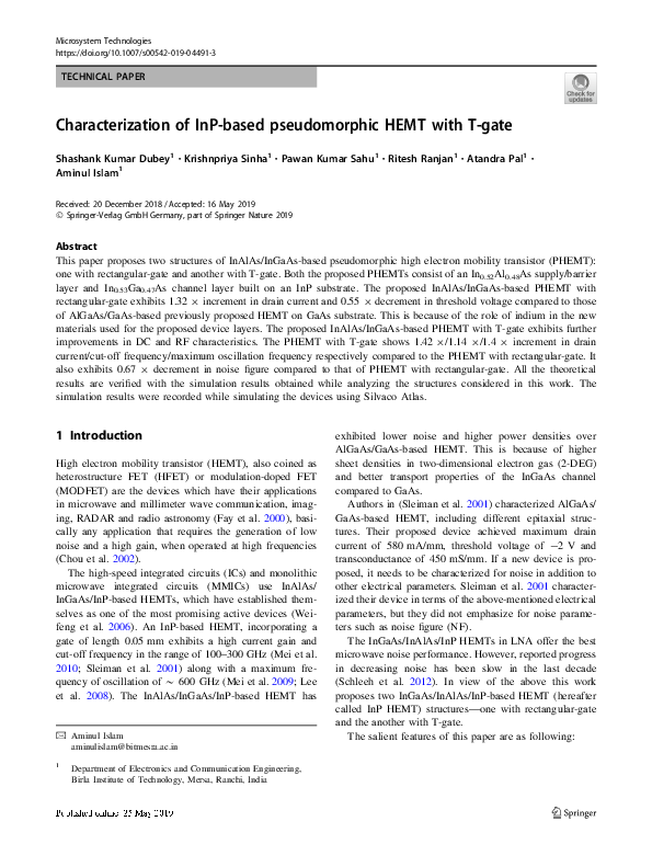 (PDF) Characterization of InP-based pseudomorphic HEMT with T-gate | Shashank Kumar Dubey ...