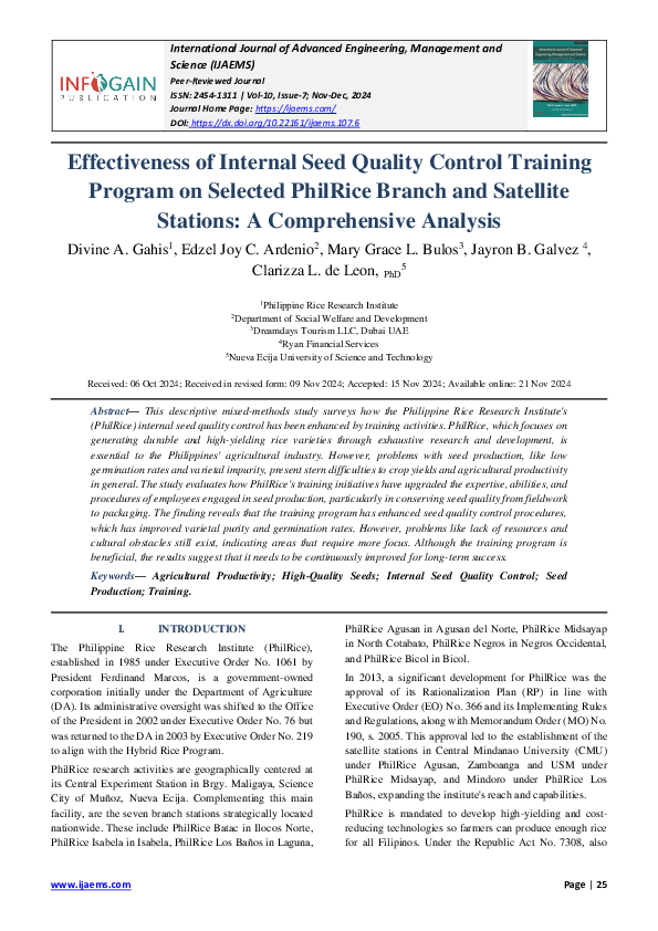 (PDF) Effectiveness of Internal Seed Quality Control Training Program ...