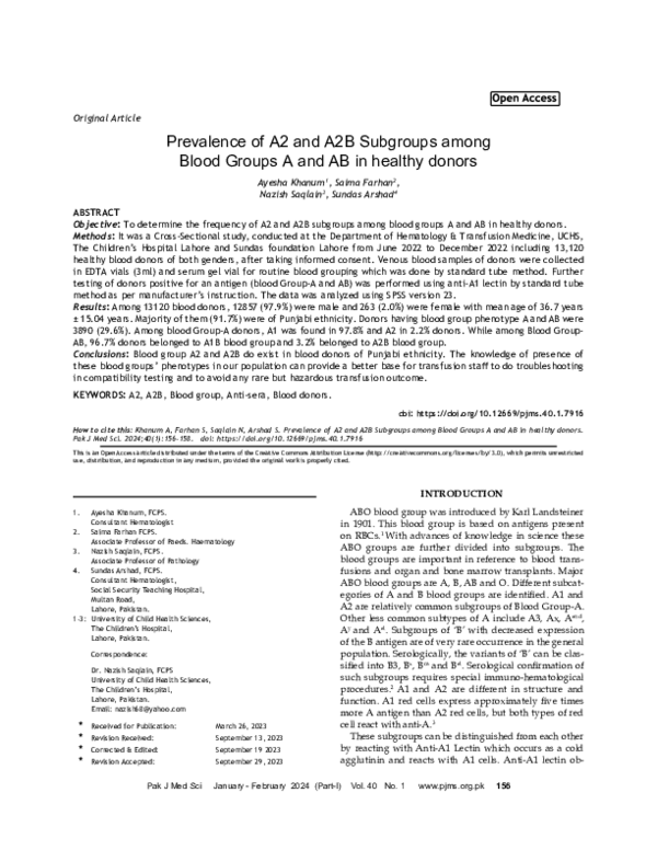 (PDF) Prevalence of A2 and A2B Subgroups among Blood Groups A and AB in ...